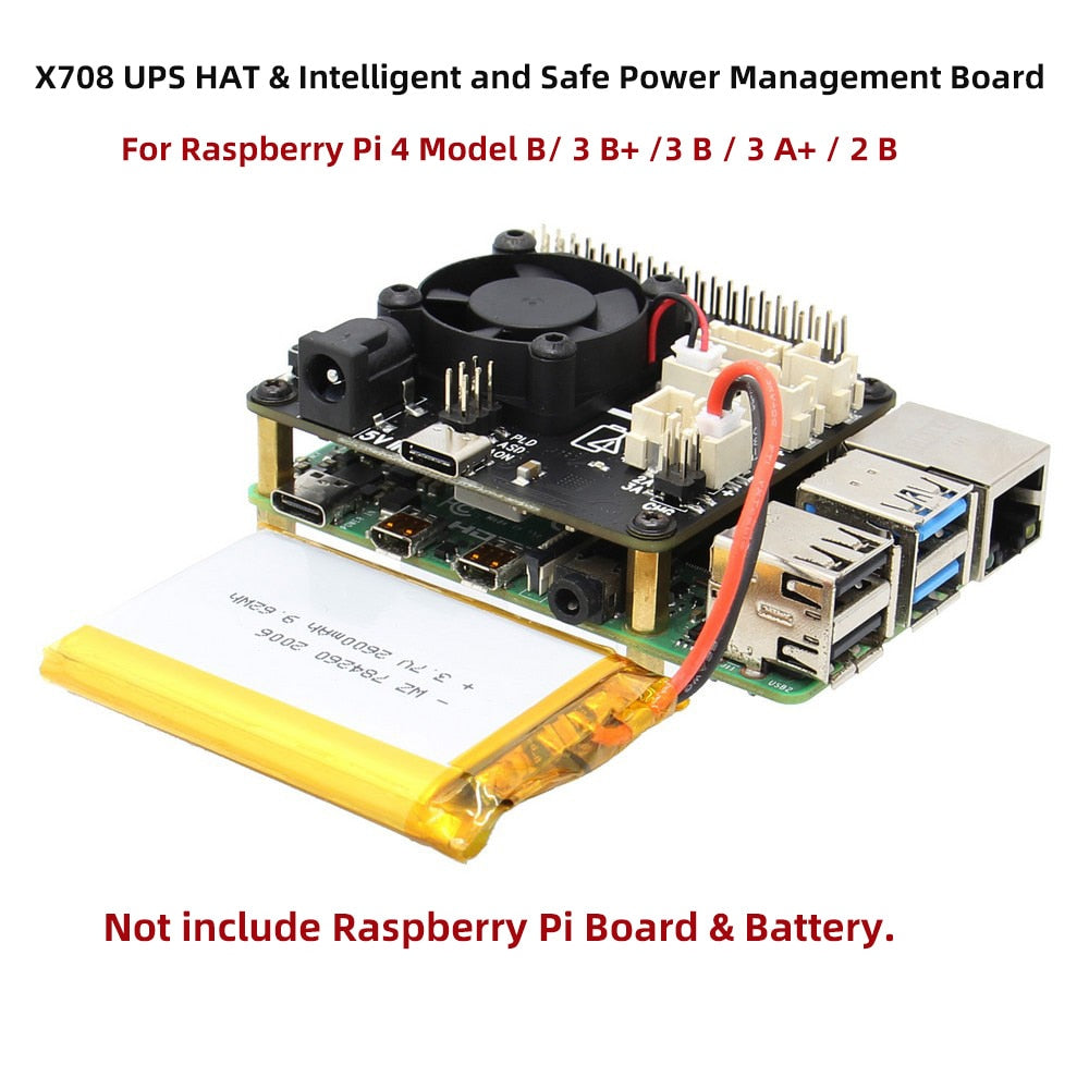 Raspberry Pi X708 UPS HAT & Power Management Board with Cooling Fan ,A ...